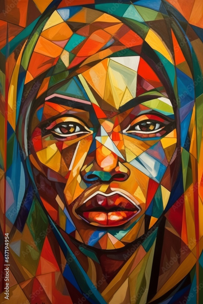An abstract portrait of an African American woman, cubism style with ...