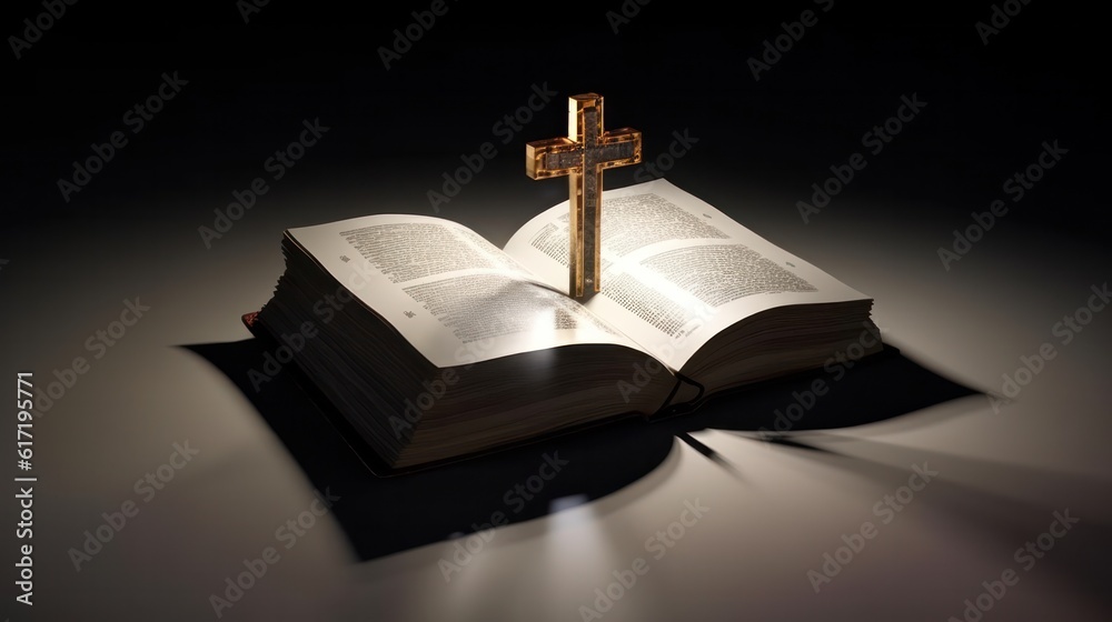 Open Bible with a glowing cross symbol in the middle Stock Photo ...