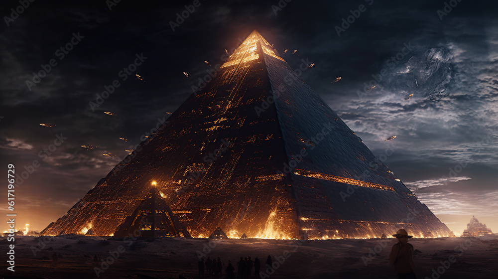 a giant pyramid floating with fire runes, several ships, alien invasion ...