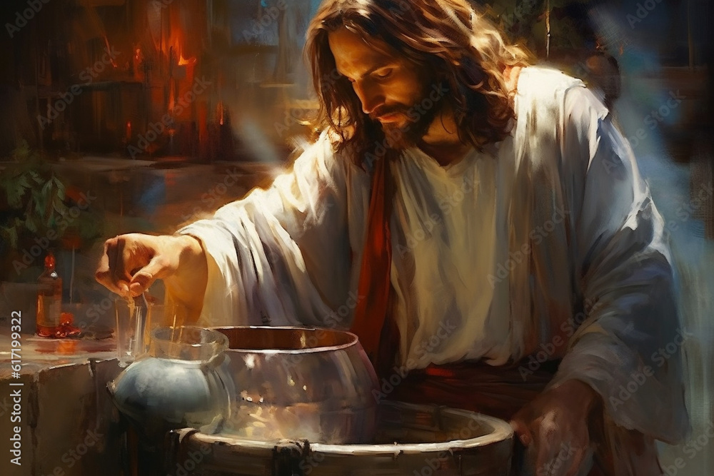 Jesus Christ turns water into wine. Religion Bible. History. During a ...