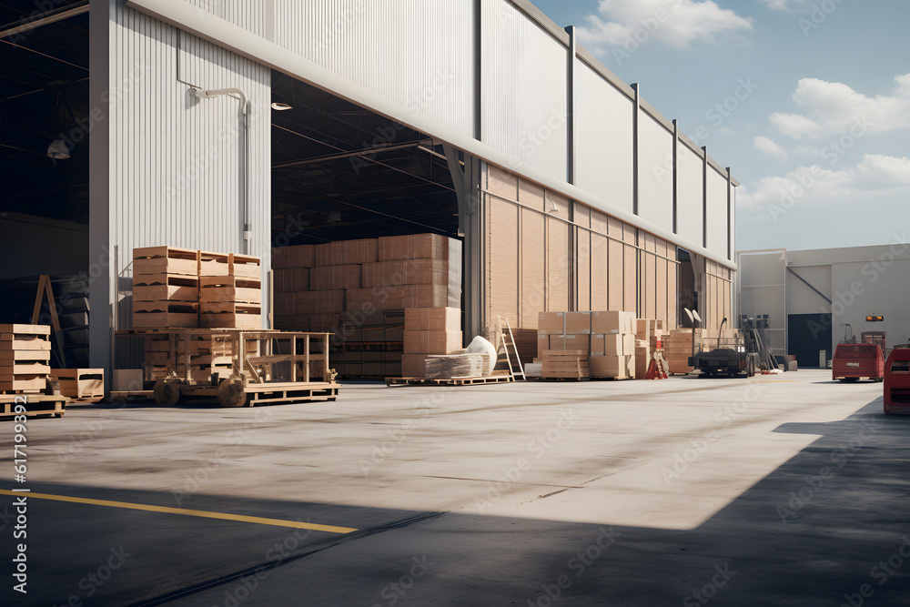 Large loading area outside a warehouse with stacked pallets and a ...