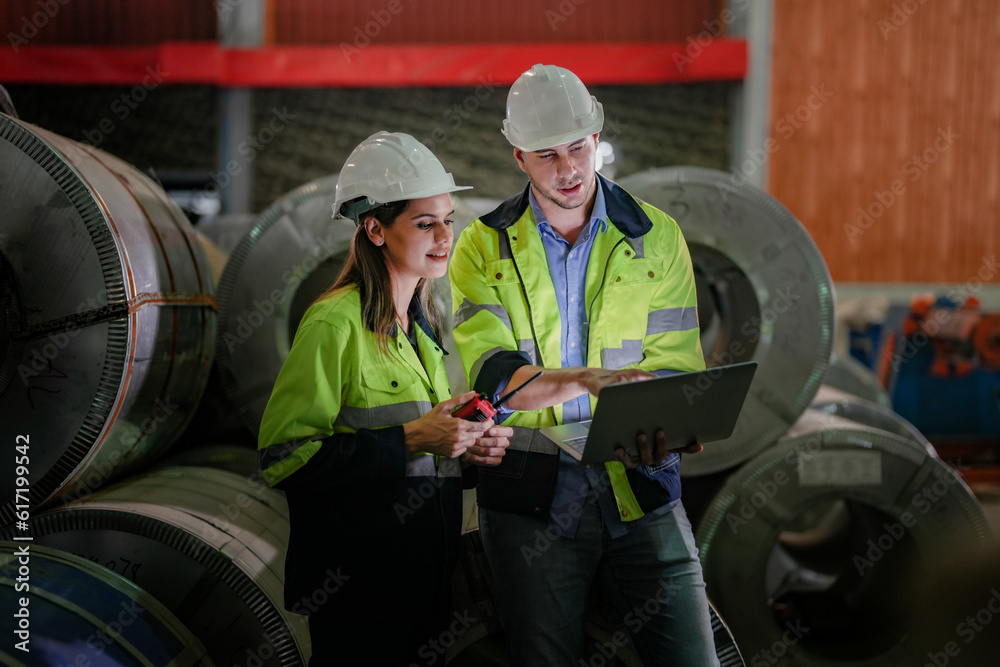 Professional engineering workers walk and check in warehouse factory ...