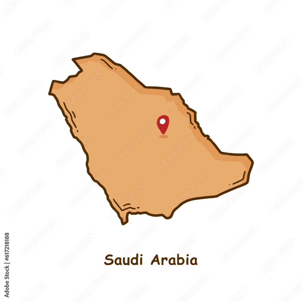 Hand Drawn Map of Saudi Arabia with Brown Color. Modern Simple Line ...