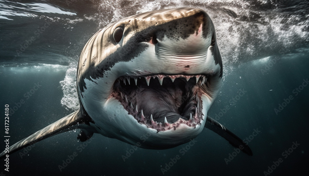 Majestic sea monster, with giant teeth, swimming in reef generated by ...