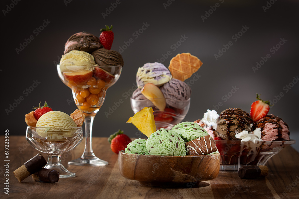 still life of ice cream with fruits and different flavors blur ...
