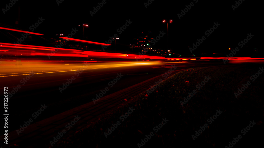 Lights of cars at night. Street line lights. Night highway city. Long ...