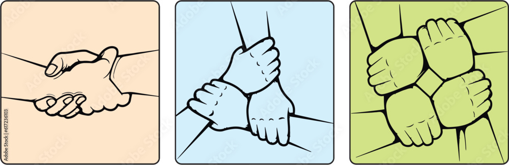 Unity and teamwork symbols. Two, three and four hands joining and ...