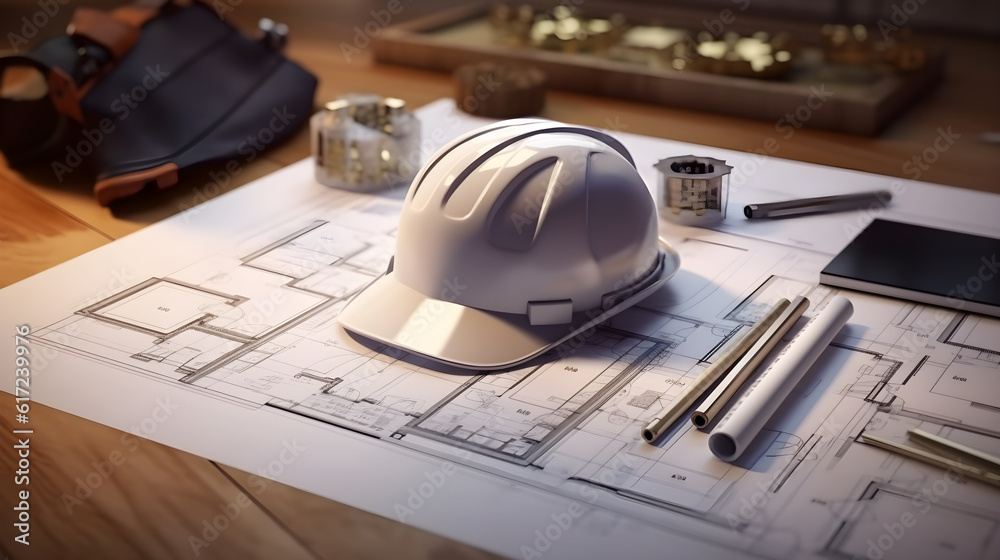 Engineering safety helmet on architecture floorplan created with ...