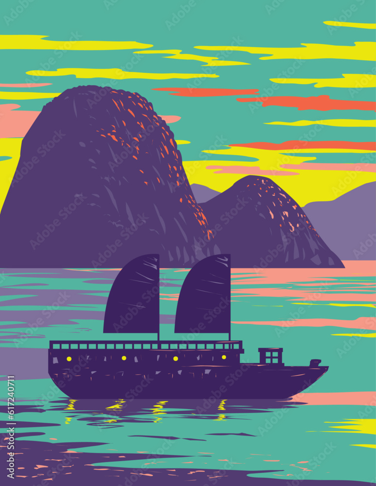 WPA poster art of Ha Long Bay or Halong Bay with junk boat during ...