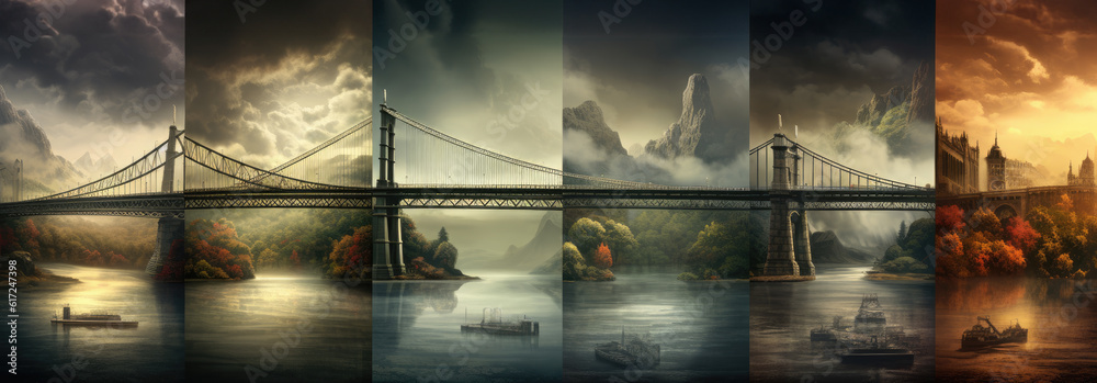 Bridges, connecting and linking, many various paces and lands. Hand ...