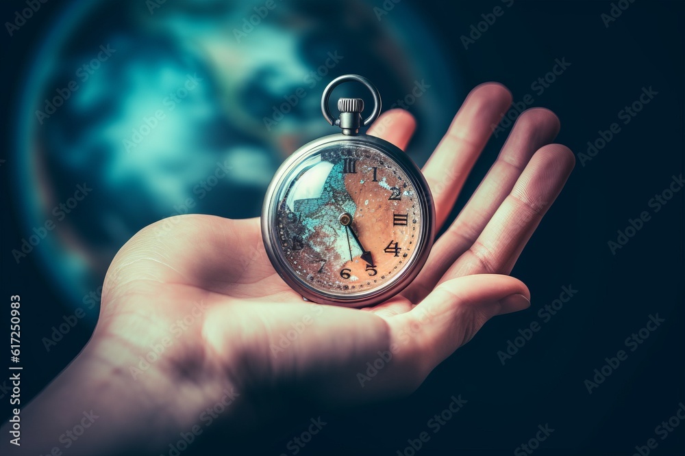 Hand holding chronometer with planet earth, time running out concept ...