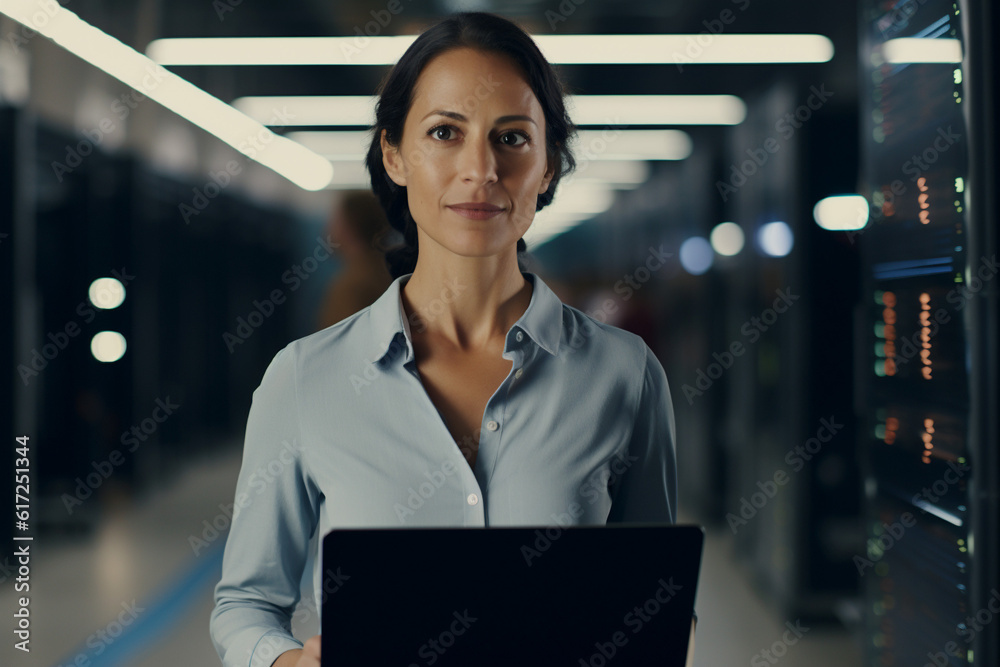 Portrait Of Female Computer Engineer Holding Laptop While Working In