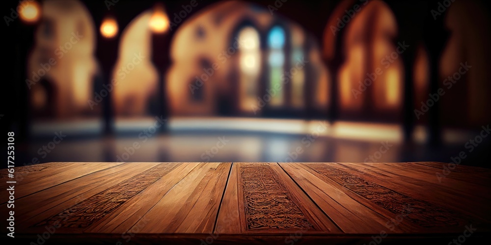 empty wooden table blurred mosque islamic background Stock Illustration ...