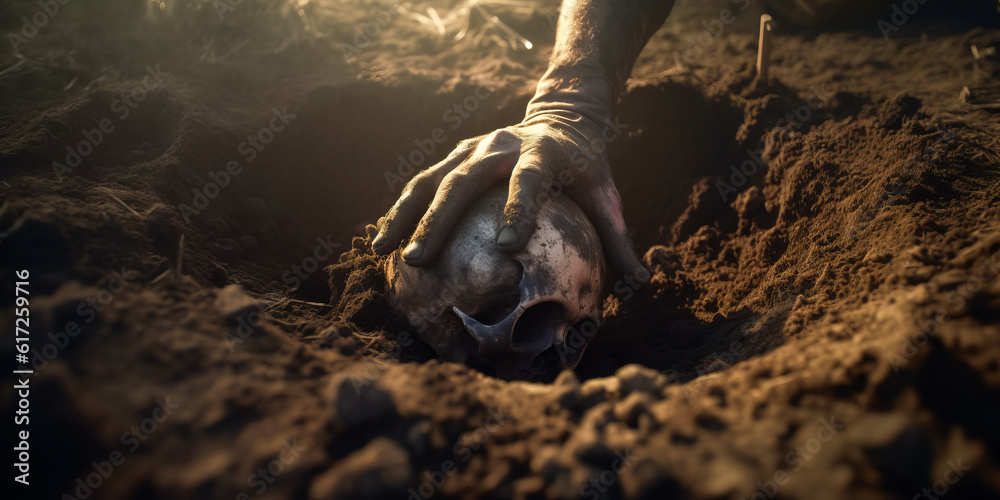 Mystifying image of a man's hand digging muddy soil, uncovering a human ...