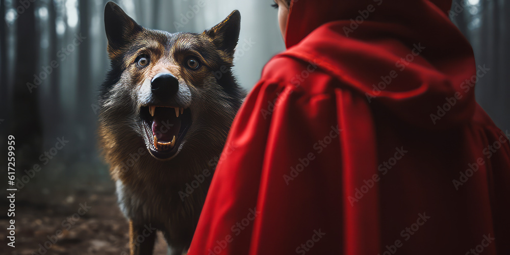 Captivating Little Red Riding Hood scene: girl in red cape seen from ...