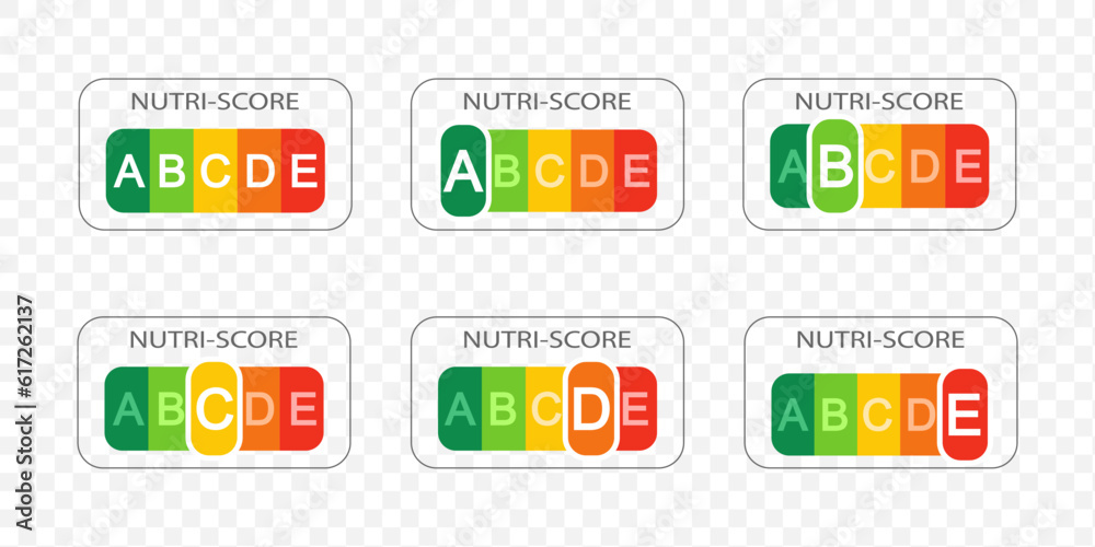Collection of Nutri Score labels with gradation letters on transparent ...
