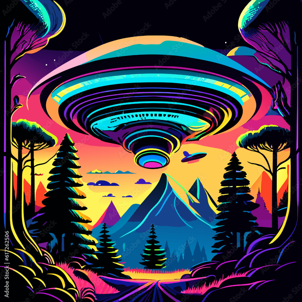 Alien spaceship in the sky. Vector illustration of alien spaceship in ...