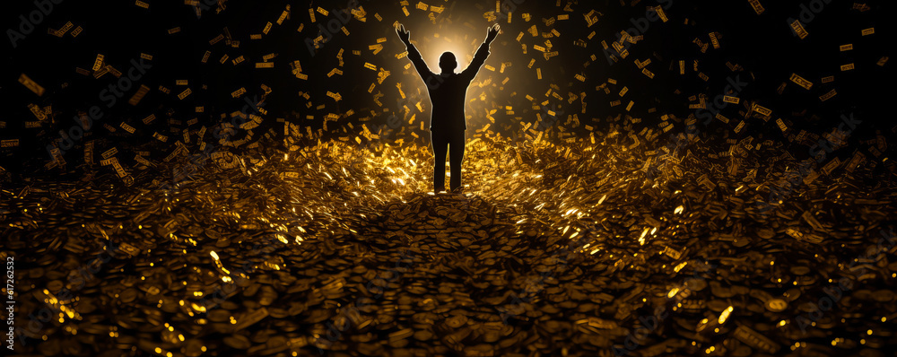 Captivating scene of a shadowy figure amidst cascading golden coins ...