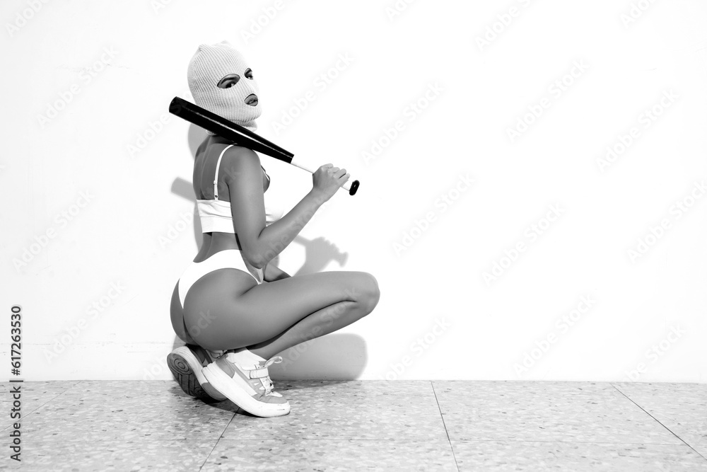Beautiful Sexy Woman In Underwear Model Wearing Bandit Balaclava Mask 7797