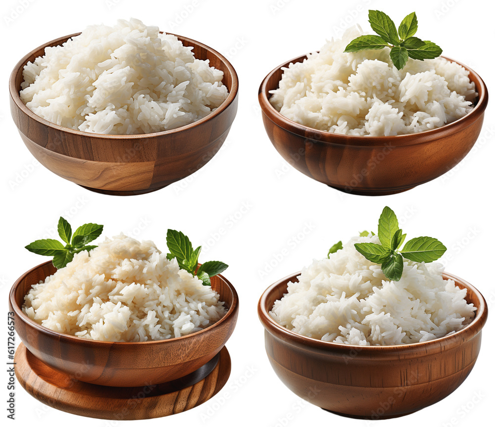 Four wooden bowls filled with cooked rice, on a transparent background ...