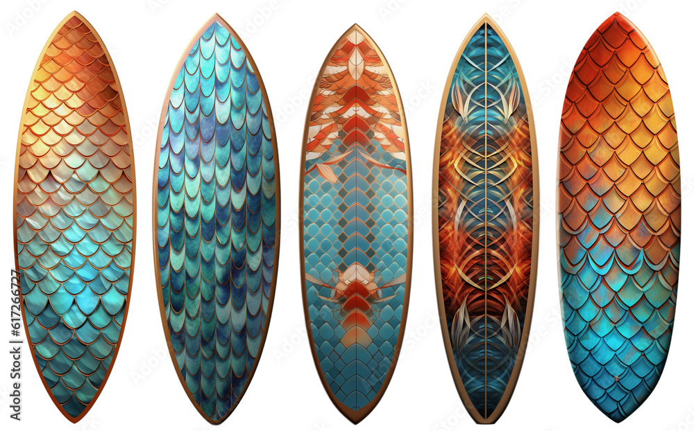 Surfboards with a fish scale motif, on a transparent background ...