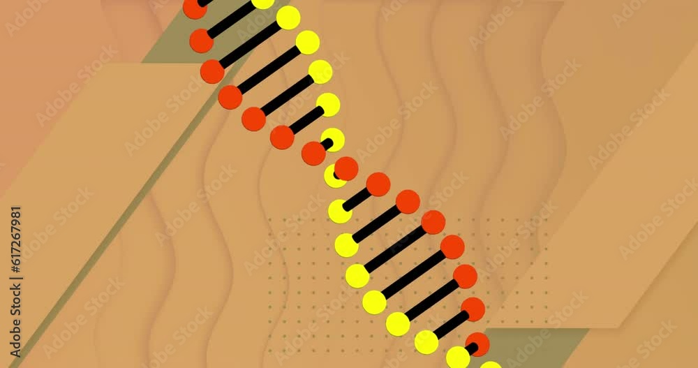Animation of spinning dna structure over abstract shapes and wavy ...