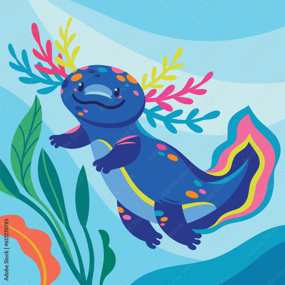 Cute cartoon axolotl, blue amphibian creature is swimming underwater ...
