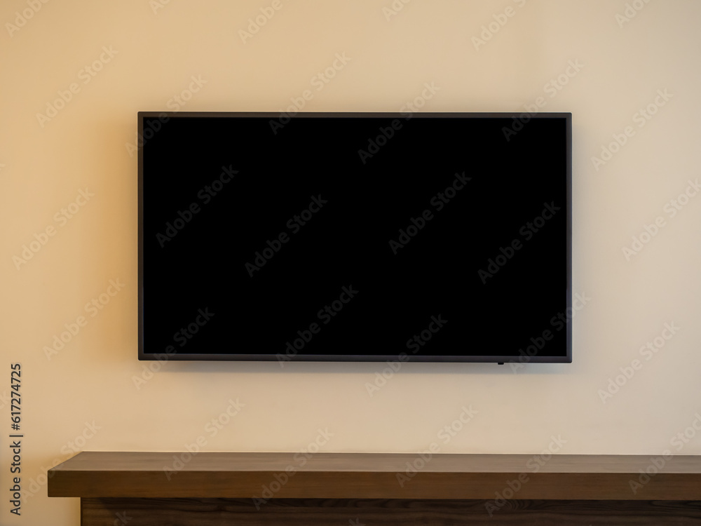 Front view of mockup blank space on smart TV black screen over the ...