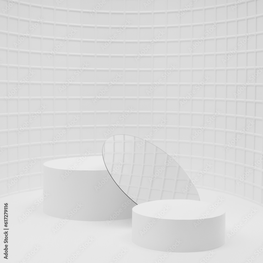 Abstract white stage mockup as curved alcove - two cylinder podiums ...