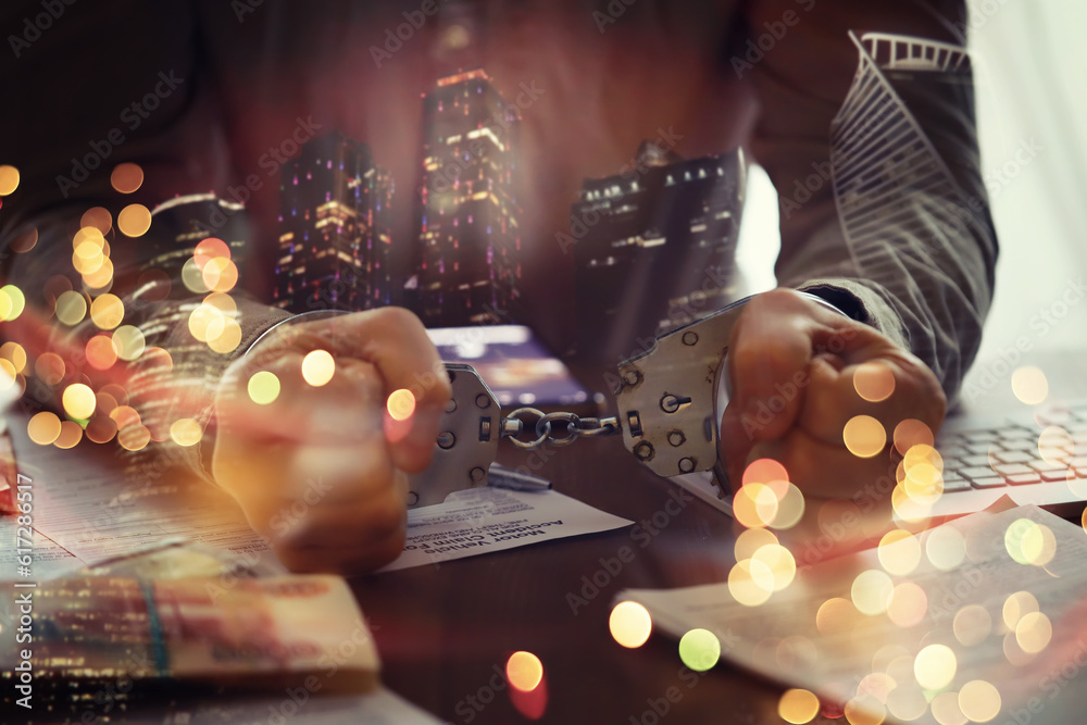 Double exposure of male hands locked in handcuffs city landscape ...