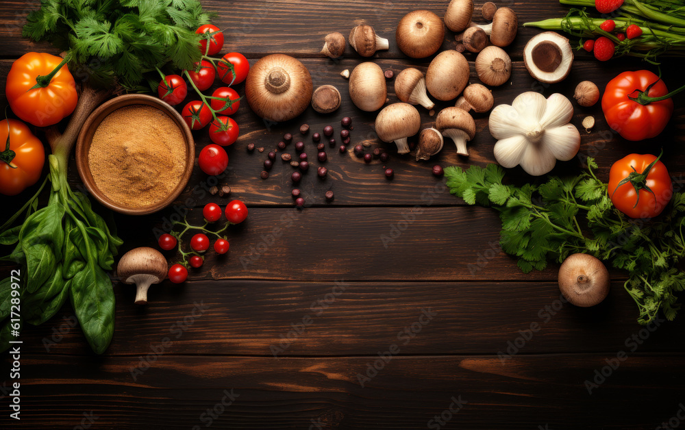 board made of rustic wood. Food background. Spices, roots, mushrooms ...