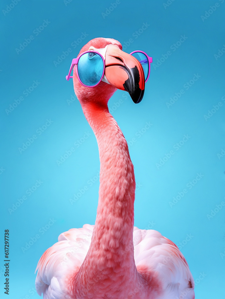Close Up Of Pink Flamingo Wearing Sunglasses On Isolated Pastel Blue