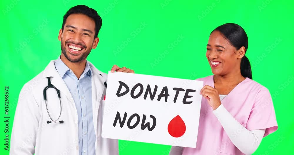 Happy doctors, team and billboard on green screen for donate blood ...