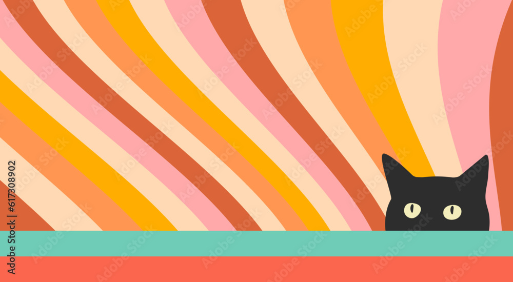Retro groovy colorful abstract background with cute black cat ...