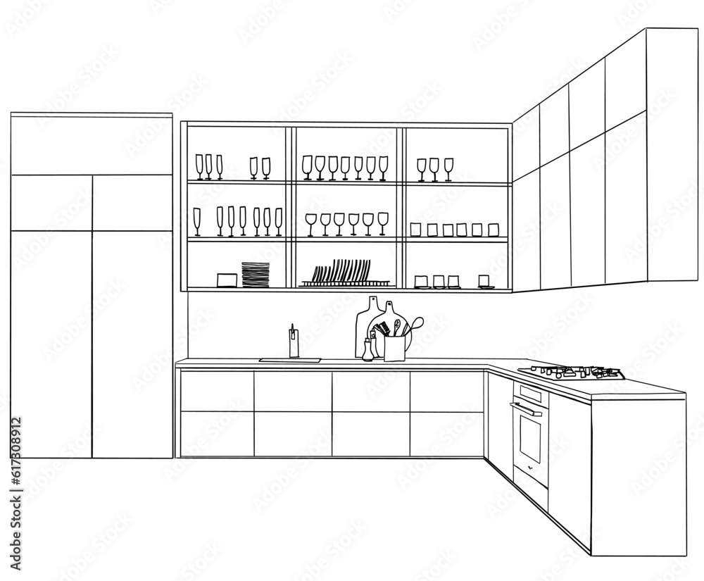 Interior sketch of kitchen room. Outline blueprint design of kitchen ...