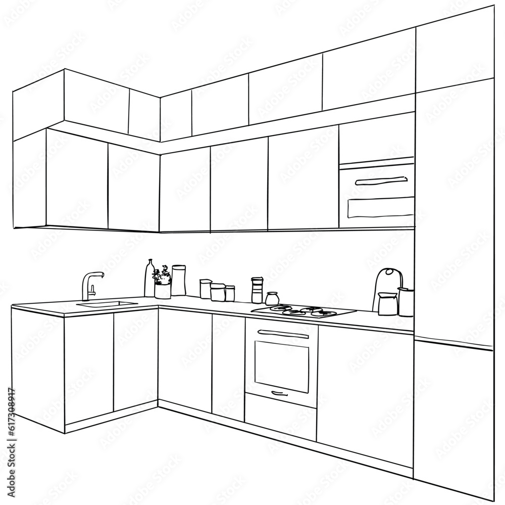 Interior sketch of kitchen room. Outline blueprint design of kitchen ...