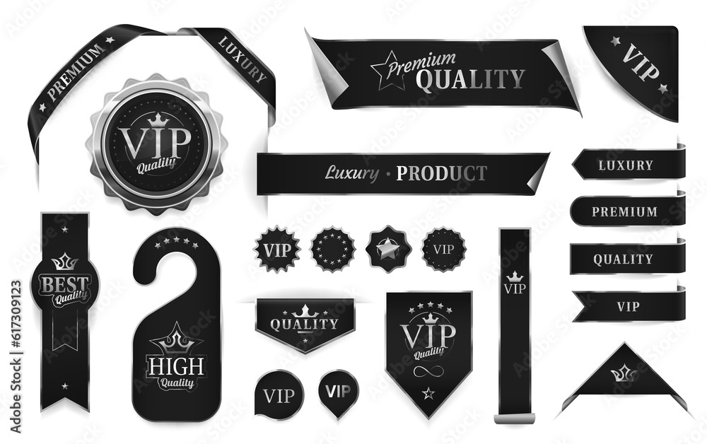 Silver luxury labels and banners, ribbons or VIP badges and premium ...