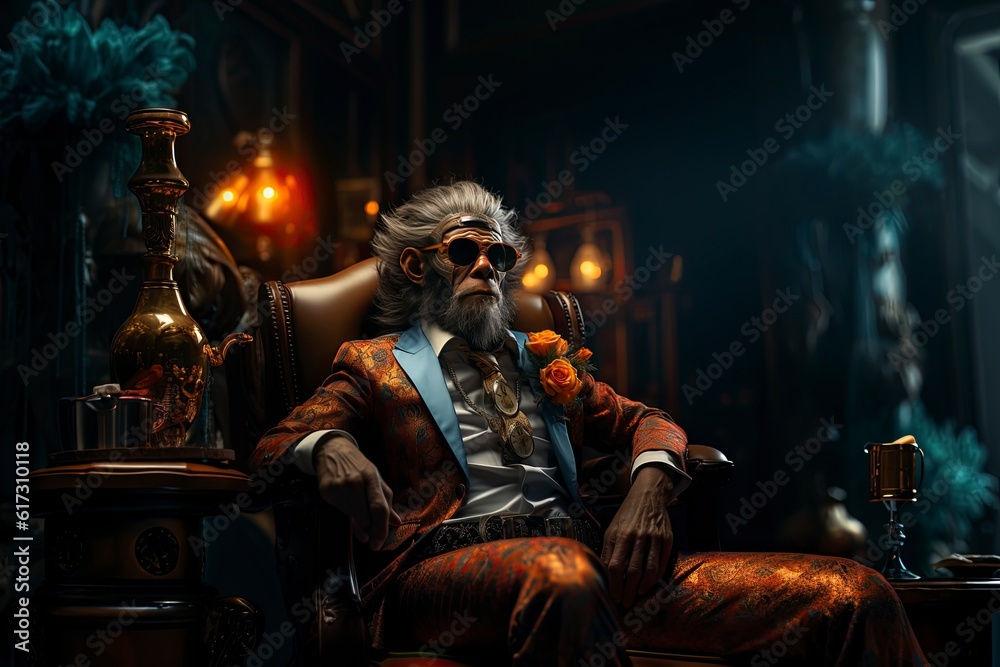An illustration of a monkey boss in a business suit sits in a leather ...