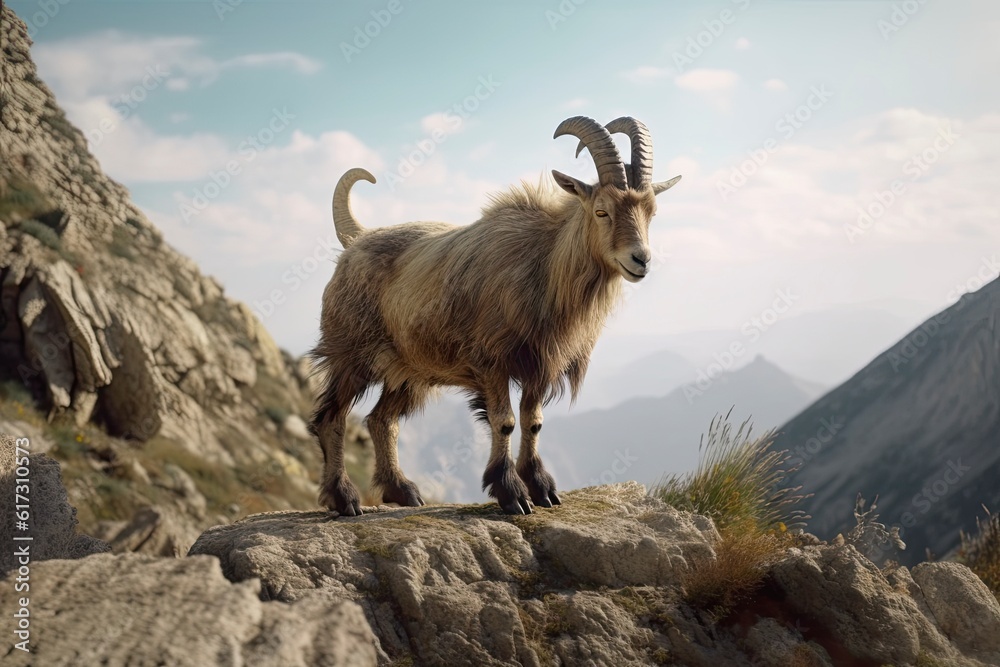 An illustration of a mountain goat climbs up a cliff while breathtaking ...