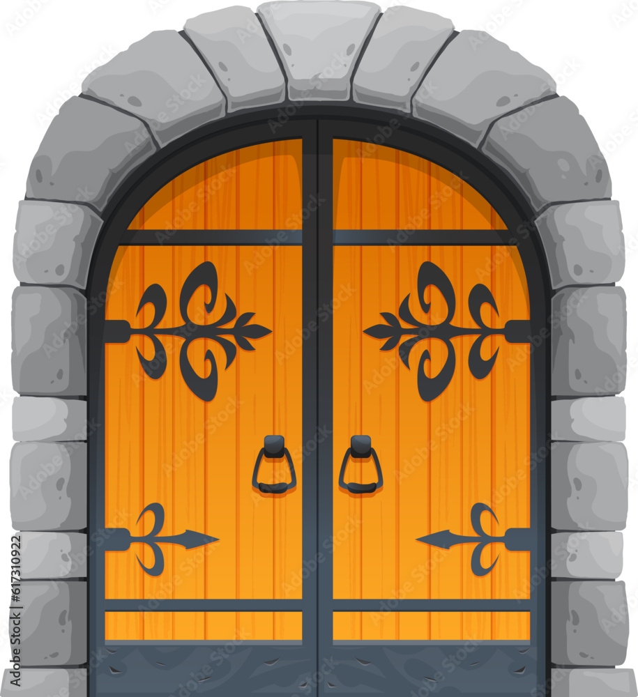 Cartoon Medieval castle gate door with stone arch frame, vector antique ...