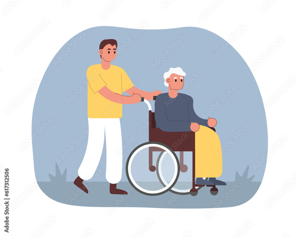 Cartoon guy helps elderly man in wheelchair. People from volunteering ...