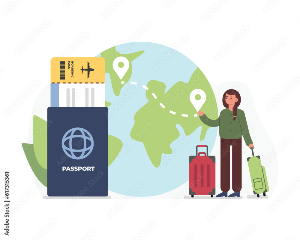 Cartoon girl tourist going on trip. Time for travel abroad. Tourists ...