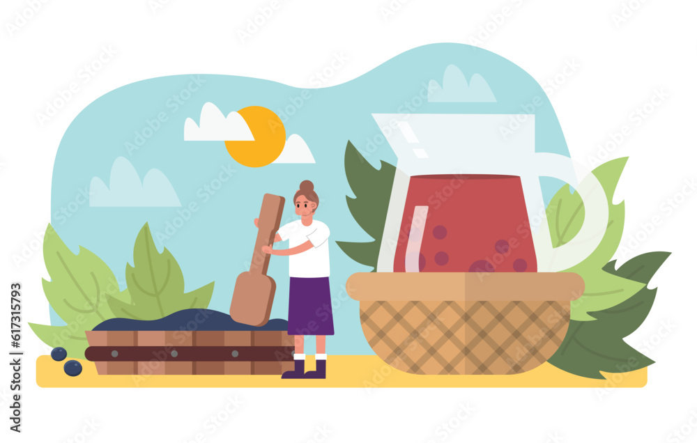 Cartoon girl stirs juice of grapes to make wine. Process of winemaking ...