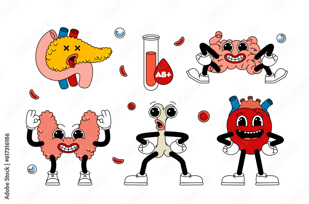 Vetor de Set of retro human organs in funny comic cartoon style, gloved ...