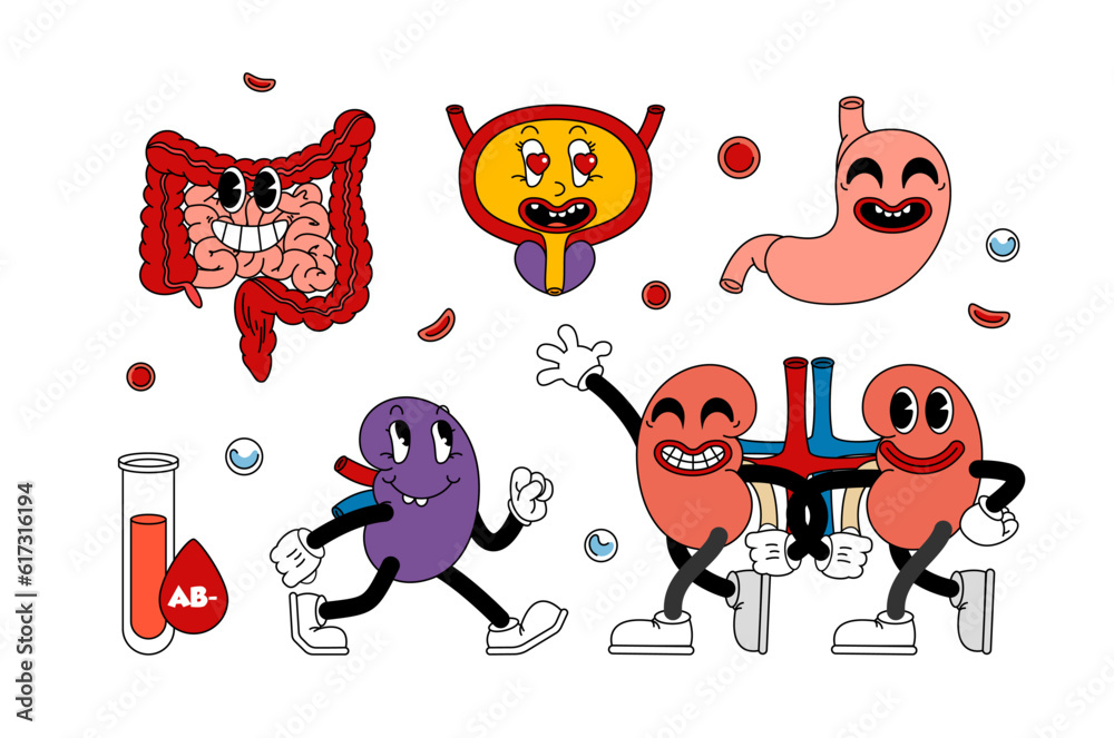 Set of retro human organs in funny comic cartoon style, gloved hands ...