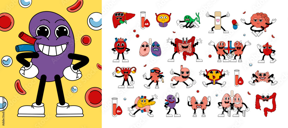Big set of retro human organs in funny comic cartoon style, gloved ...