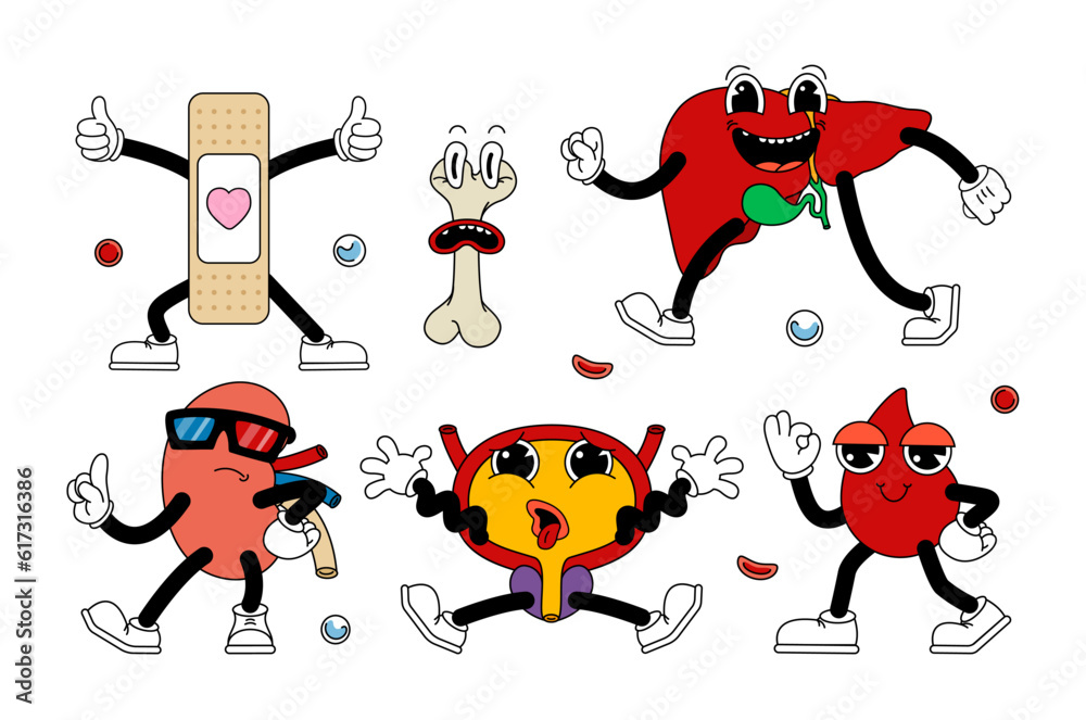 Set of retro human organs in funny comic cartoon style, gloved hands ...