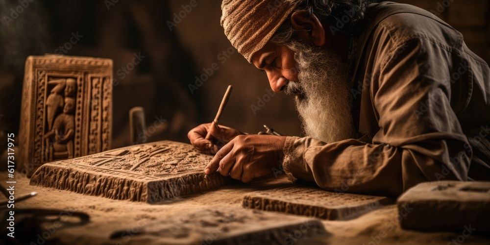 A scribe in the ancient city of Babylon etching cuneiform script into a ...