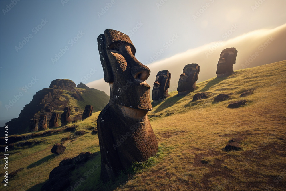 Generative AI. background of moai statues in the mountains Stock ...