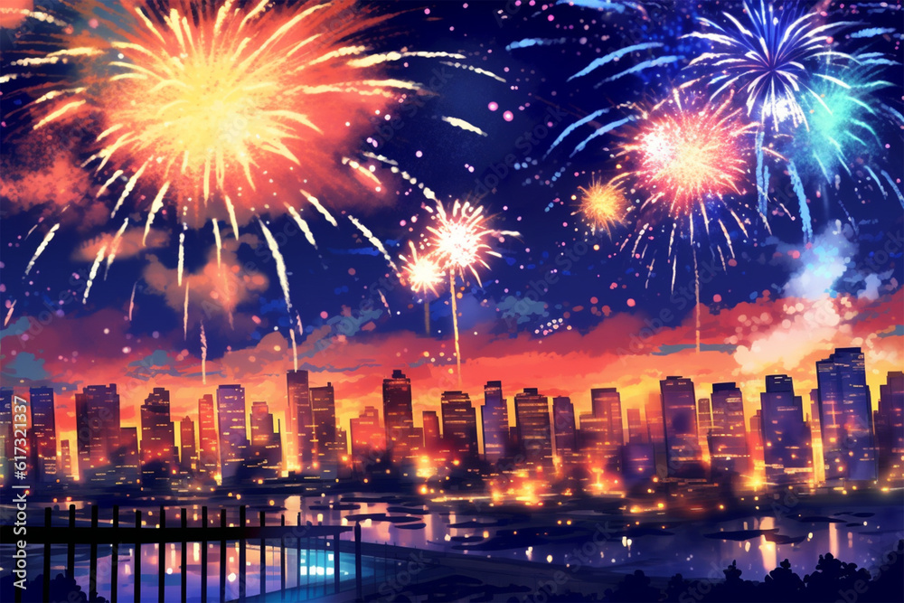 fireworks backdrop over the city anime style Stock Illustration | Adobe ...